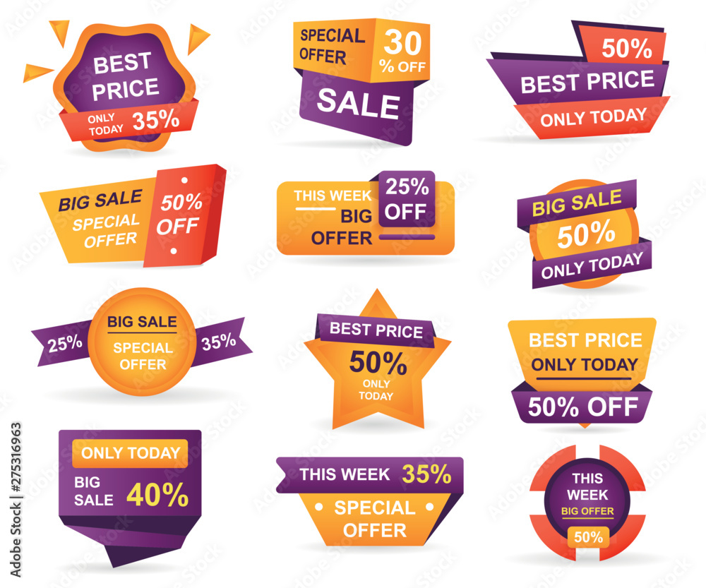 Set of retail sale tags. Stickers best offer price and big sale pricing ...
