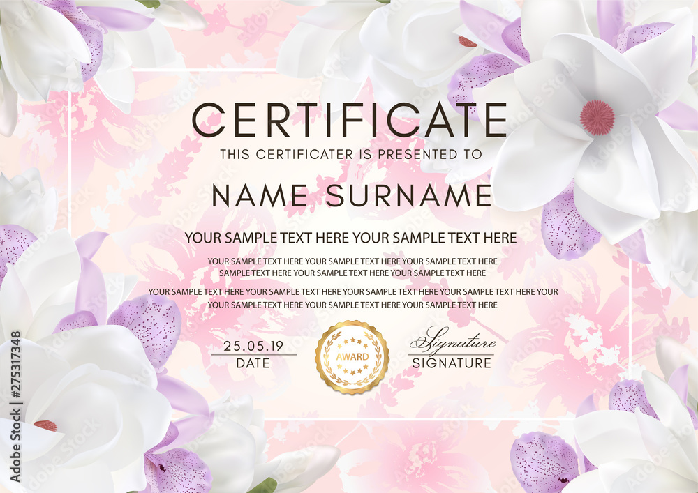 Certificate vector template with flowers. Floral background with ...