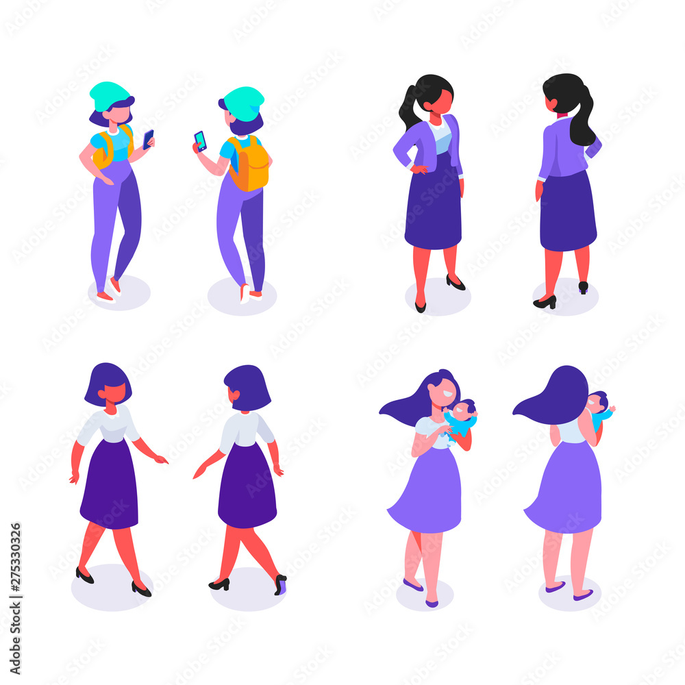 Different isometric women 3D - Mother with kid, business woman, woman ...