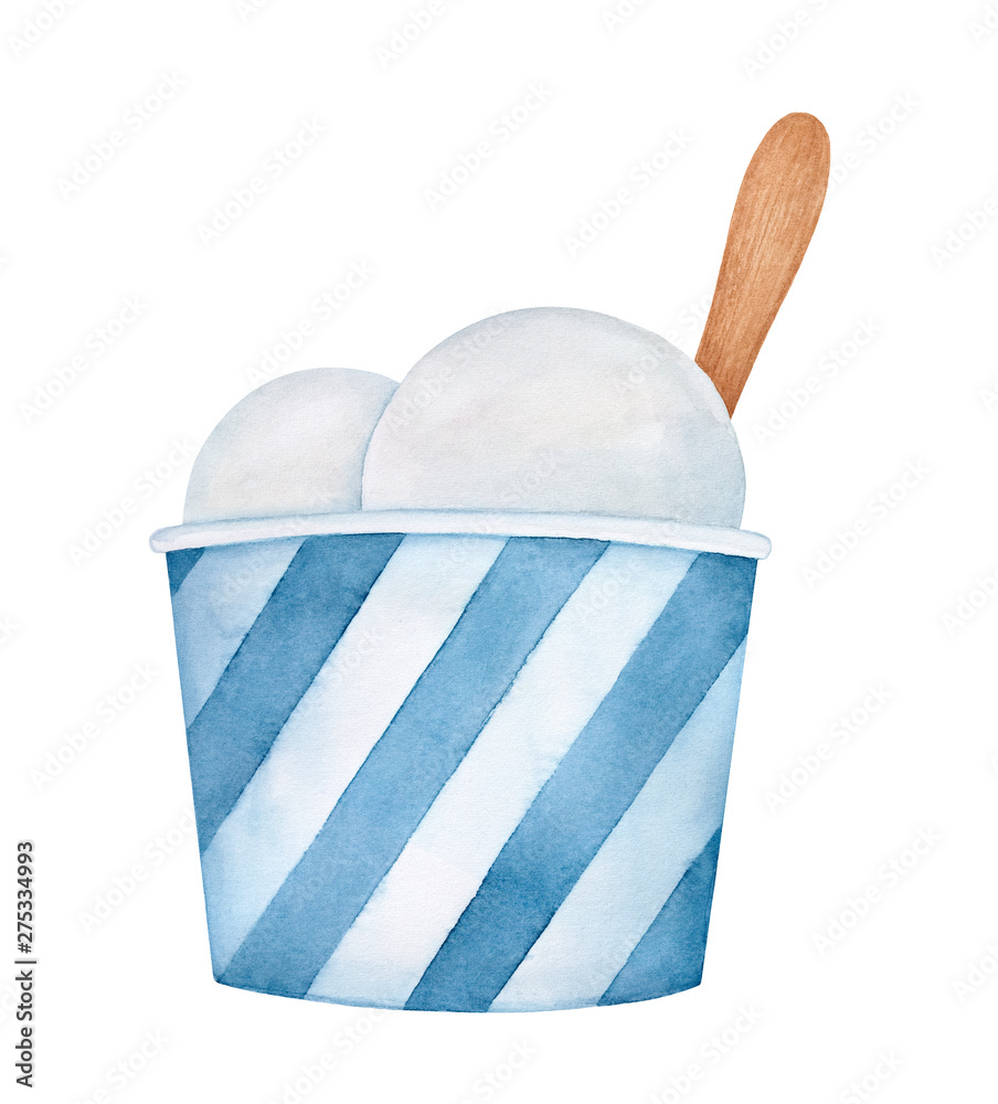 Yummy ice cream balls in paper cup. Blue and white diagonal stripes ...
