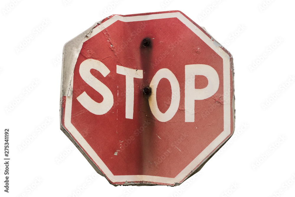 Old bent faded road sign 'Stop and give way' isolated on white Stock ...
