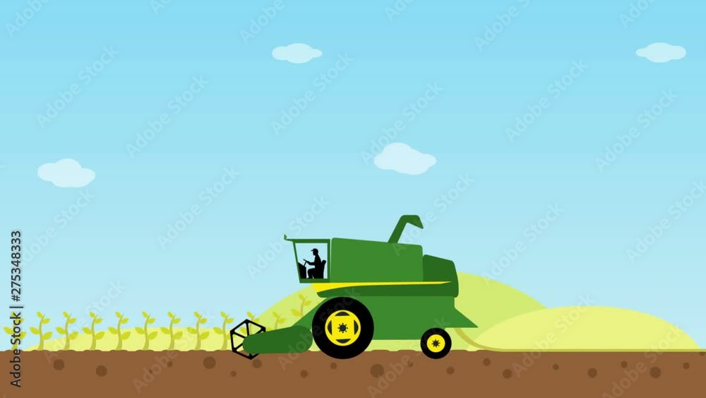 Cartoon Combine Harvester working with Crop .Concept of Agriculture ...