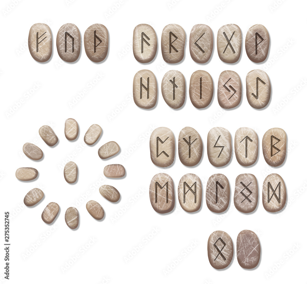 Stack of stone runes isolated on white background. Runes are cut from ...
