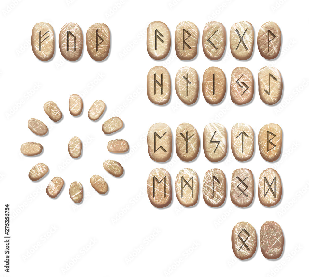 Stack of stone runes isolated on white background. Runes are cut from ...