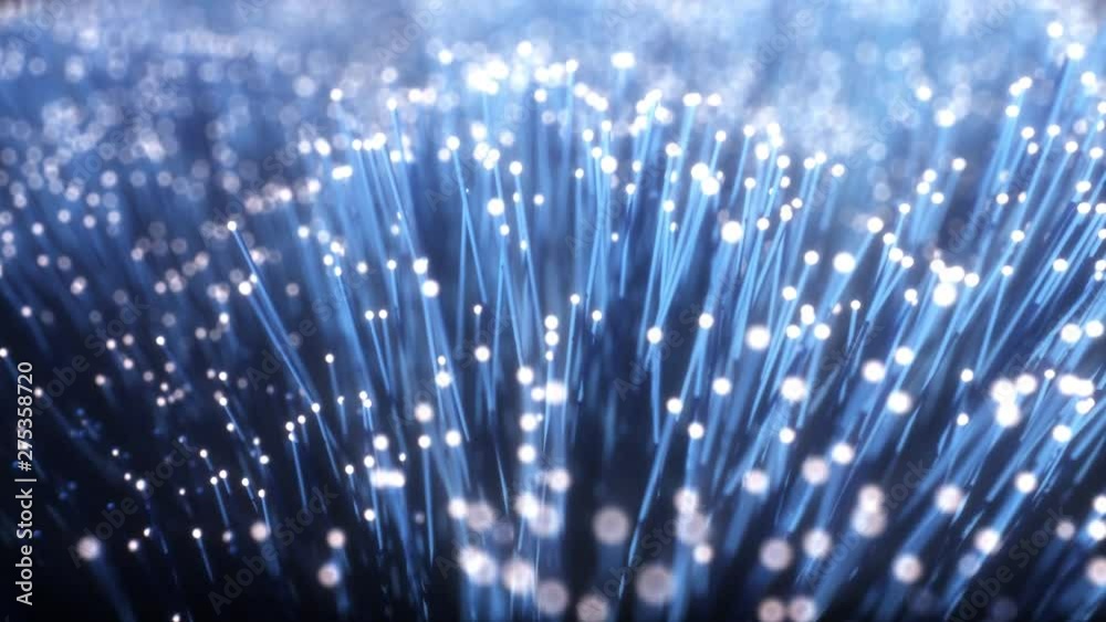 Millions of fiber optic cables with light movement, camera moves along ...