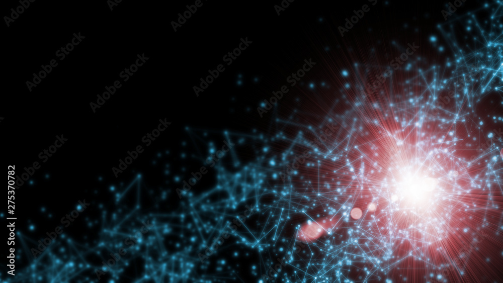 3D Rendering of inside neural network with flare light. Dots and lines ...