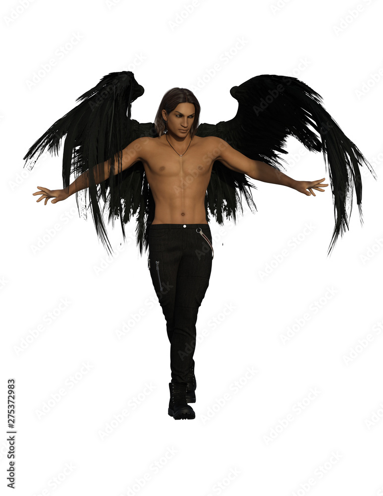 Fallen angel with black feather wings. 3d renderings. 3d illustrations ...
