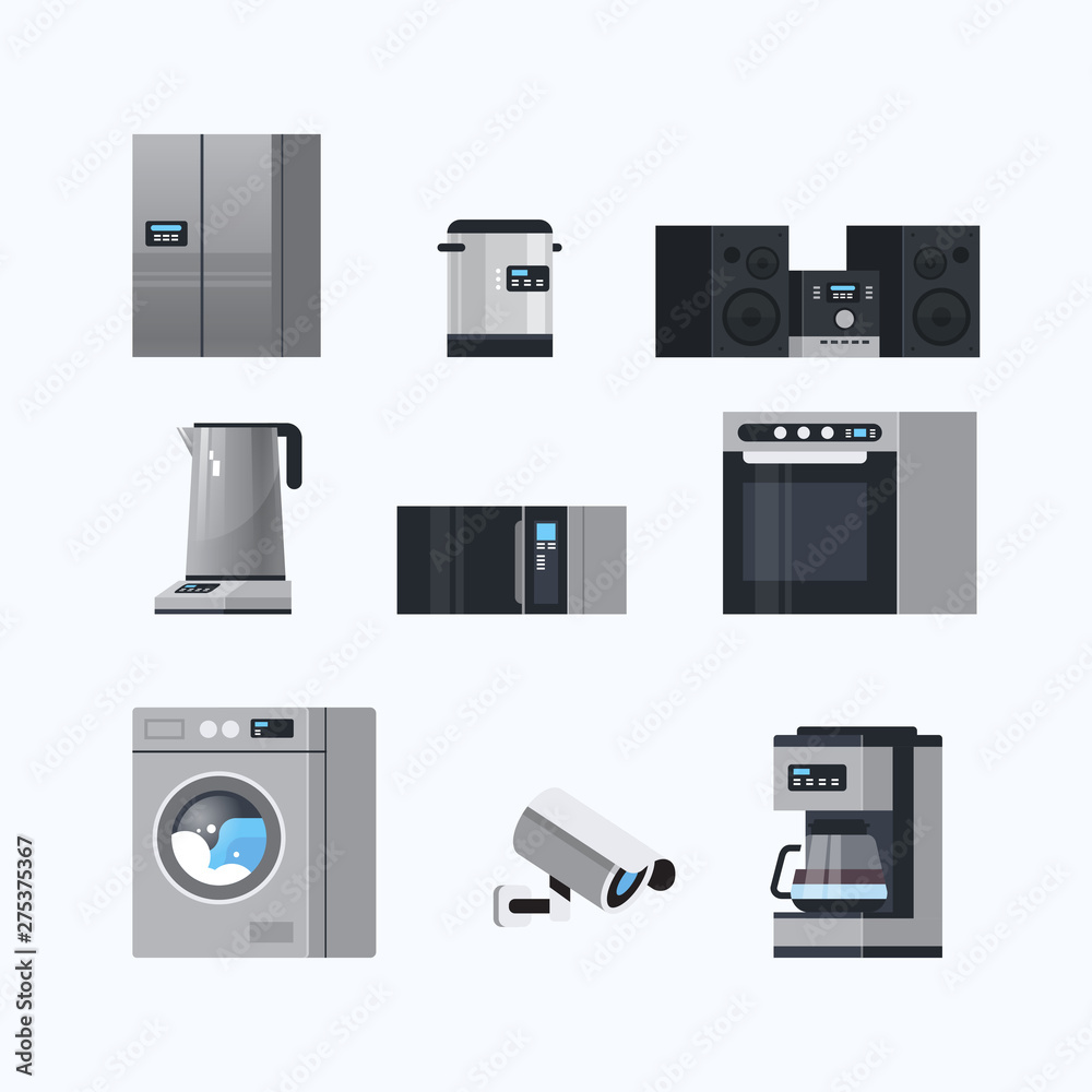 set different home appliances electric house equipment collection flat ...