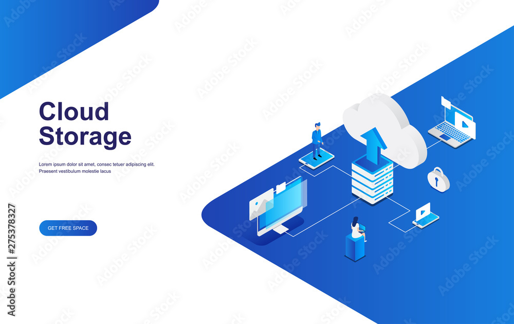 Cloud data storage concept with people character. Landing page template ...