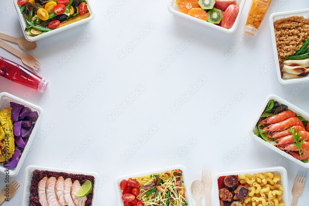 Prepared meal delivery concept with copy space. Top view of assorted ...