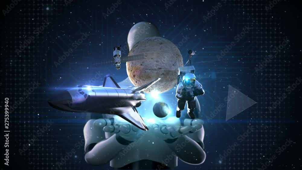 Robot, cyborg opens two palms, spread space science, astronaut, ship ...