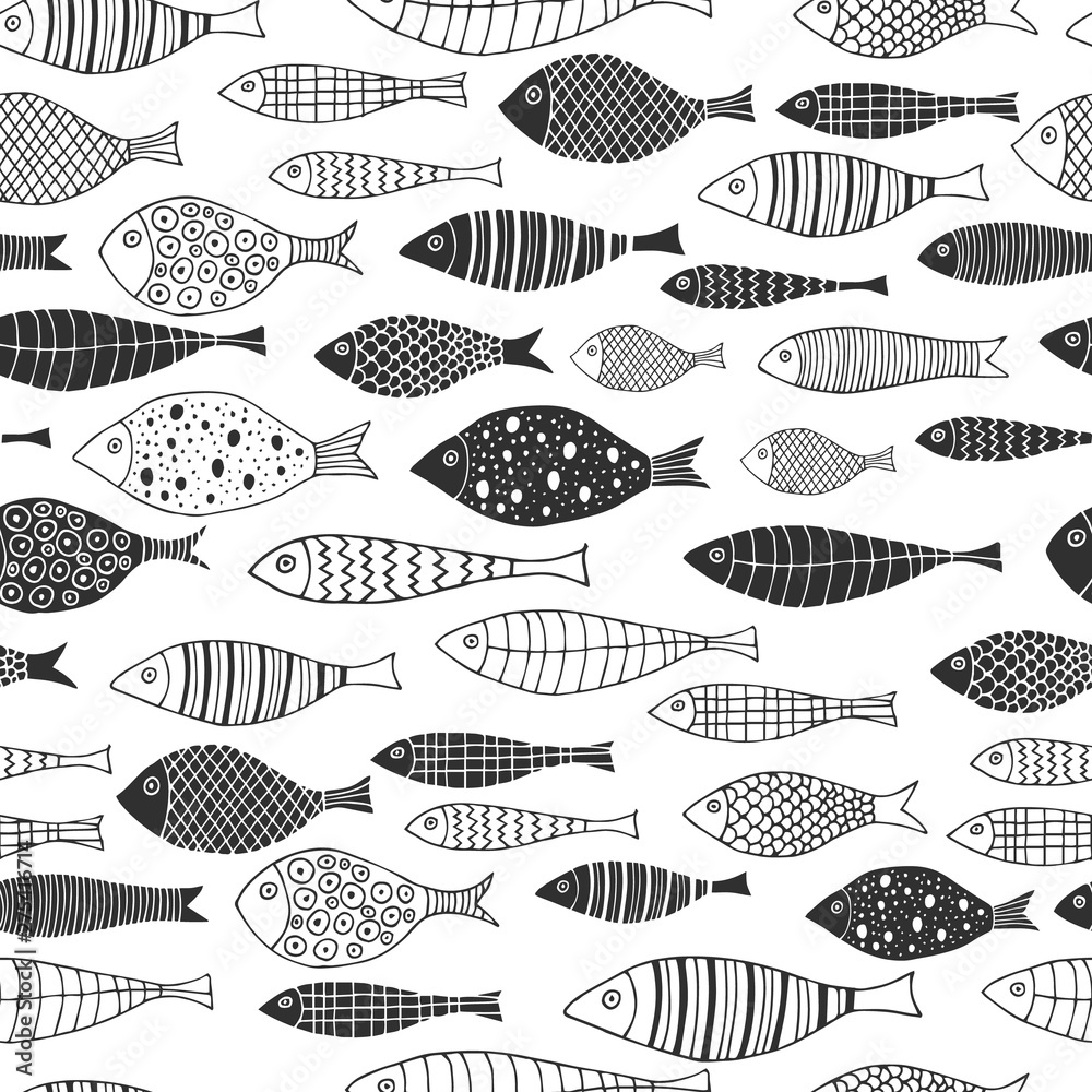 Seamless doodle fish pattern. Hand drawn Scandinavian design. Vector ...