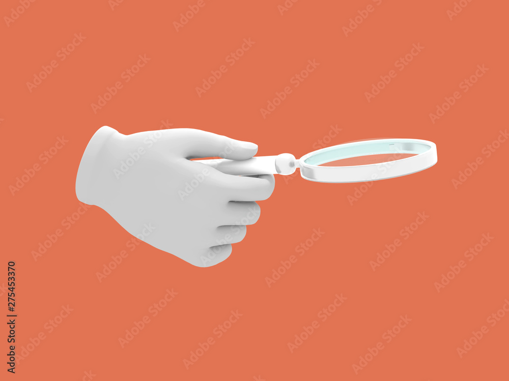 Cartoon hand holding magnifier. Illustration on red color background ...