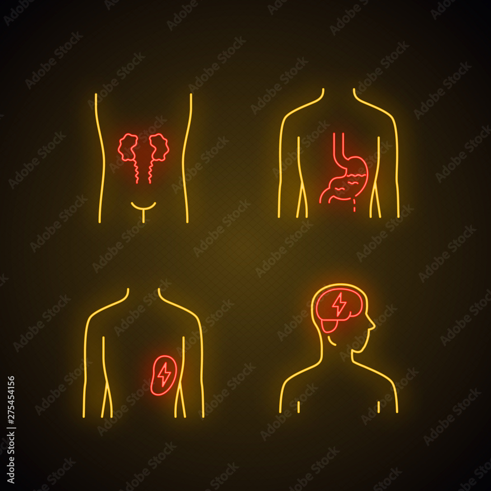 Ill human organs neon light icons set. Sore kidneys and spleen. Aching ...
