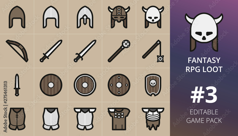 Fantasy RPG game loot icons set. Set of wooden bow, skull helmet, skull ...