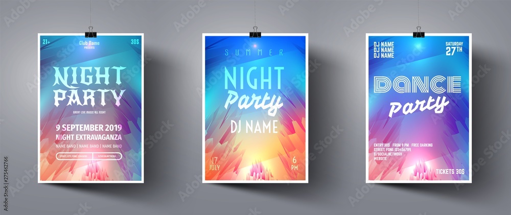 Set party flyer or poster on blue, purple and orange background ...