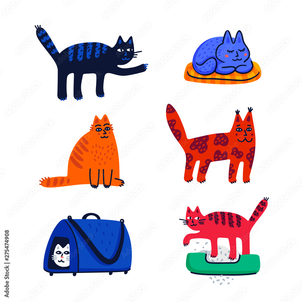 Pet grooming concept. Set of cartoon cats with different colored fur ...