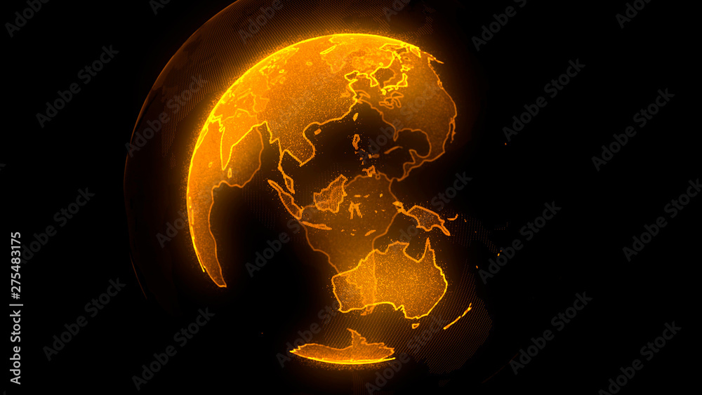Digital yellow planet of Earth. Globe with shining continents. 3D ...