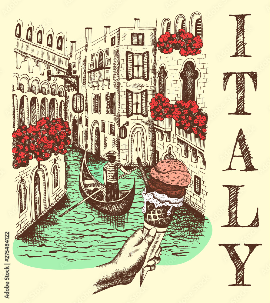 Vector illustration of sketch hand drawn view Venice in vintage style ...