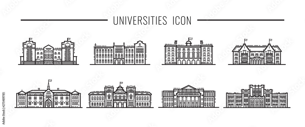 Set of buildings of universities in the vector illustration in a Line ...