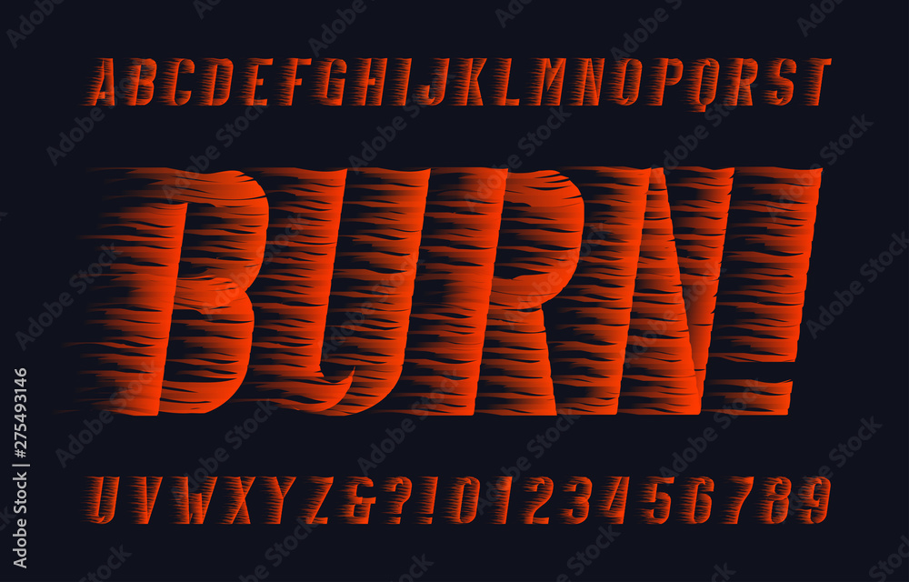 Burn alphabet font. Flame effect type letters and numbers on dark ...