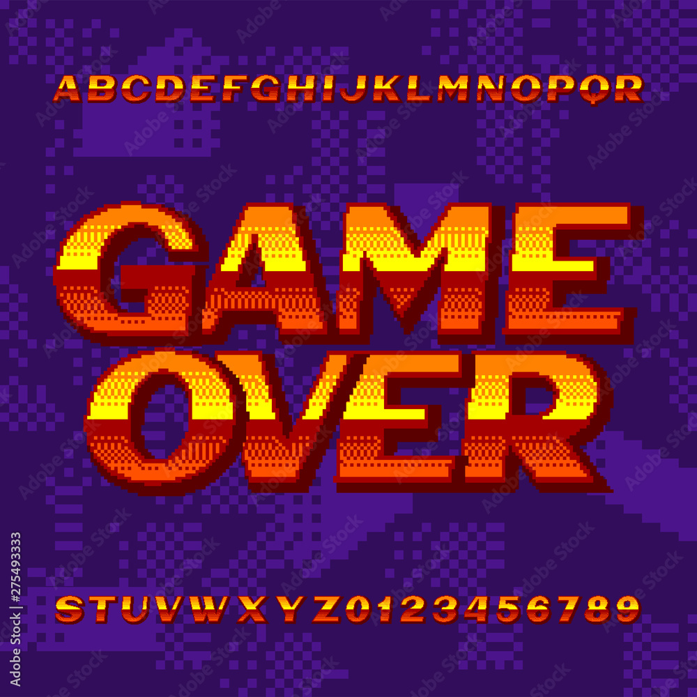 Game Over alphabet font. Digital gradient letters and numbers on pixel ...