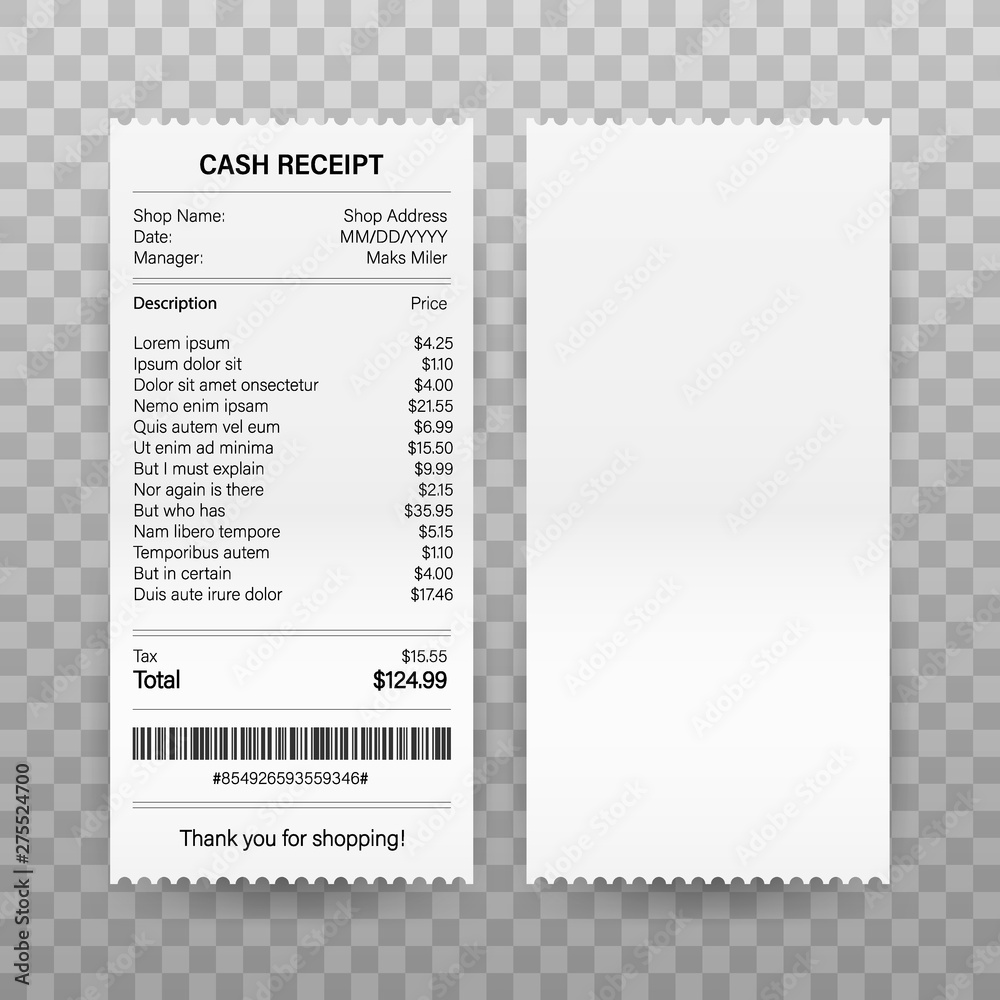 Receipts vector illustration of realistic payment paper bills for cash or credit card ...