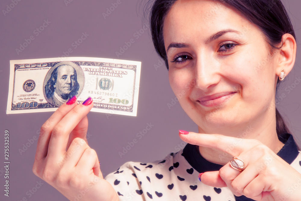 Pay Me, money is my best motivation. Close up business woman with US ...