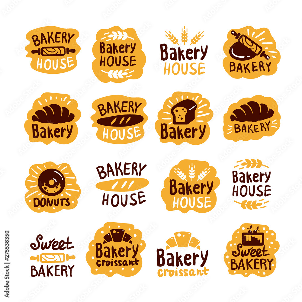 Bread and bakery products logos and icons with lettering. Bagel and ...