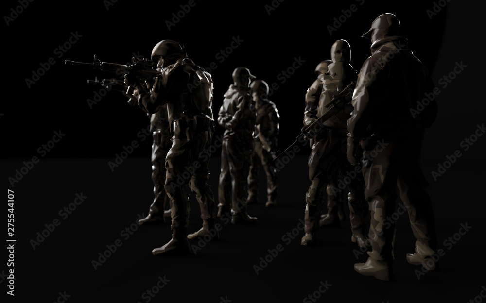 Commando soldiers posing on black background while standing 3d render ...