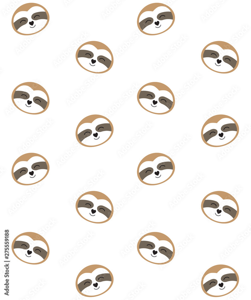 Vector seamless pattern of flat cartoon sloth face isolated on white ...