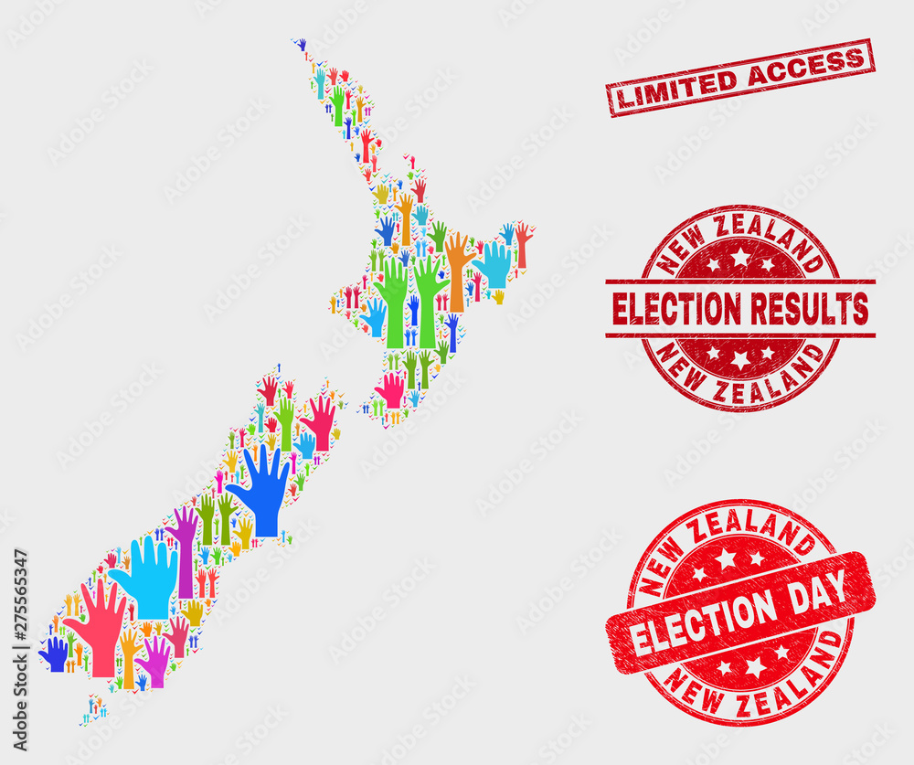 Election New Zealand map and seal stamps. Red rectangle Limited Access ...