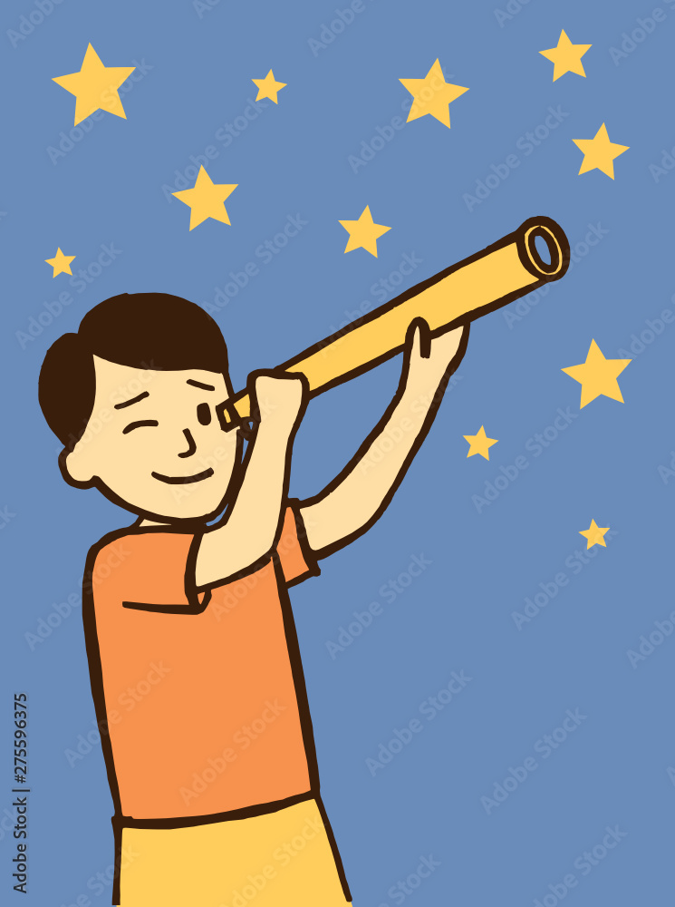 Vector illustration of cartoon style child watching the stars with a ...
