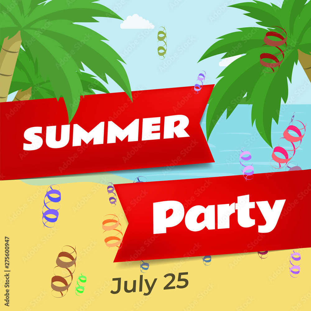 Summer party flat vector banner template. Summertime celebration, beach ...