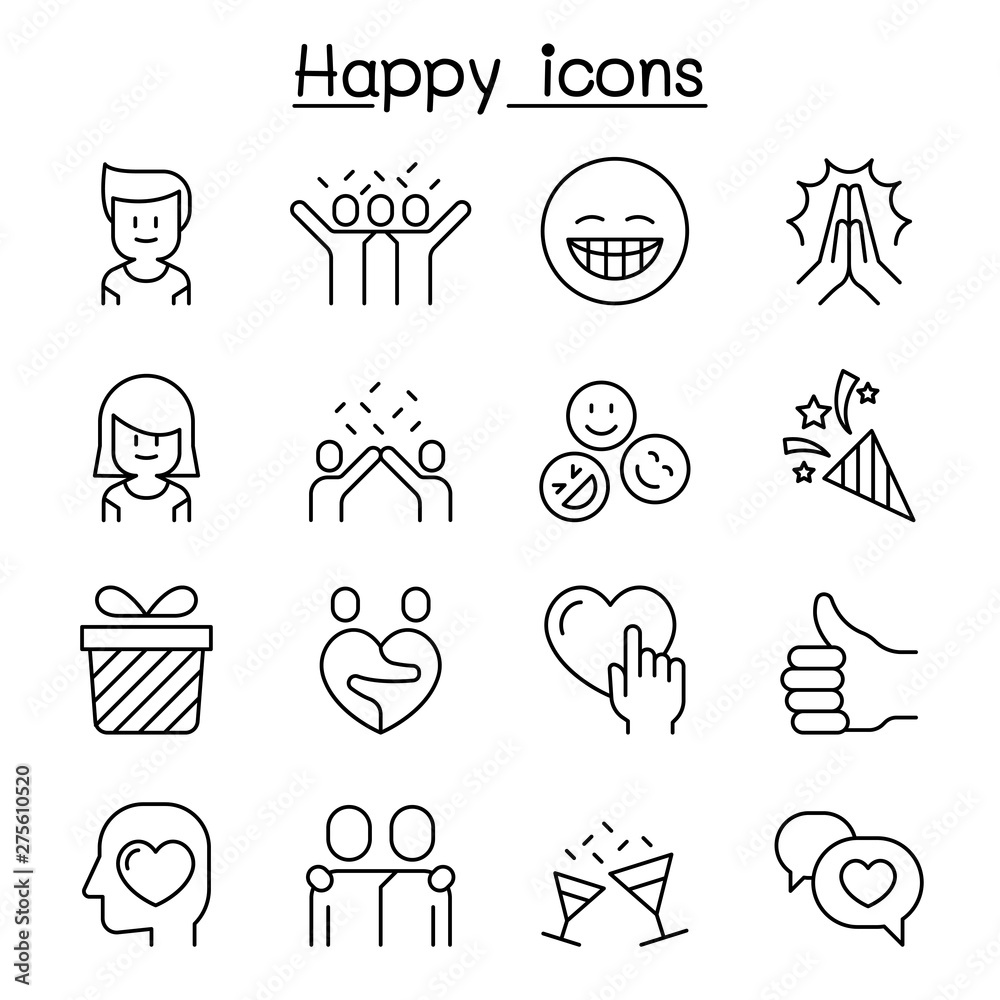 Happy icon set in thin line style Stock Vector | Adobe Stock