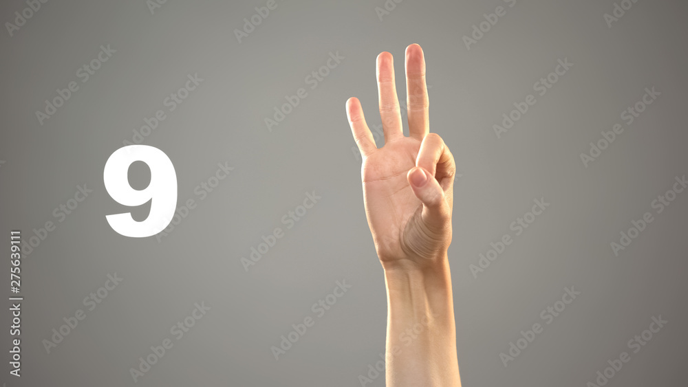 Hand signing 9 in asl, number on background, sign language tutorial for ...
