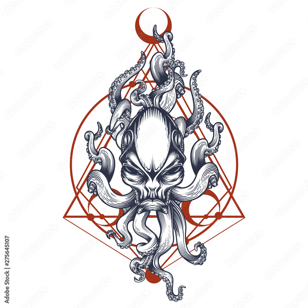 Alien creature with tentacles and sacred geometry ornament. Vector ...