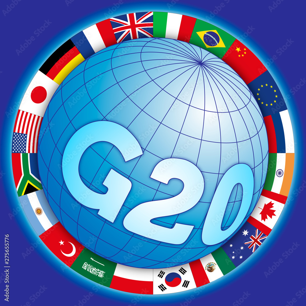 G20 global summit of industrialized countries, global symbol with flags ...