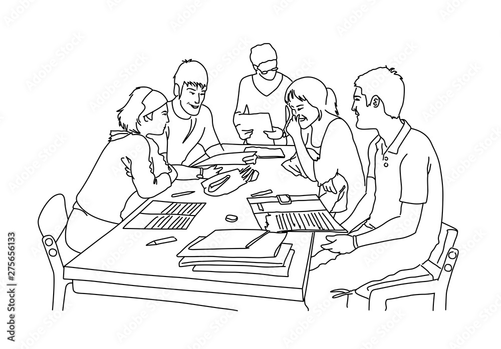 Students working funny and busy in a group class. Vector illustration ...