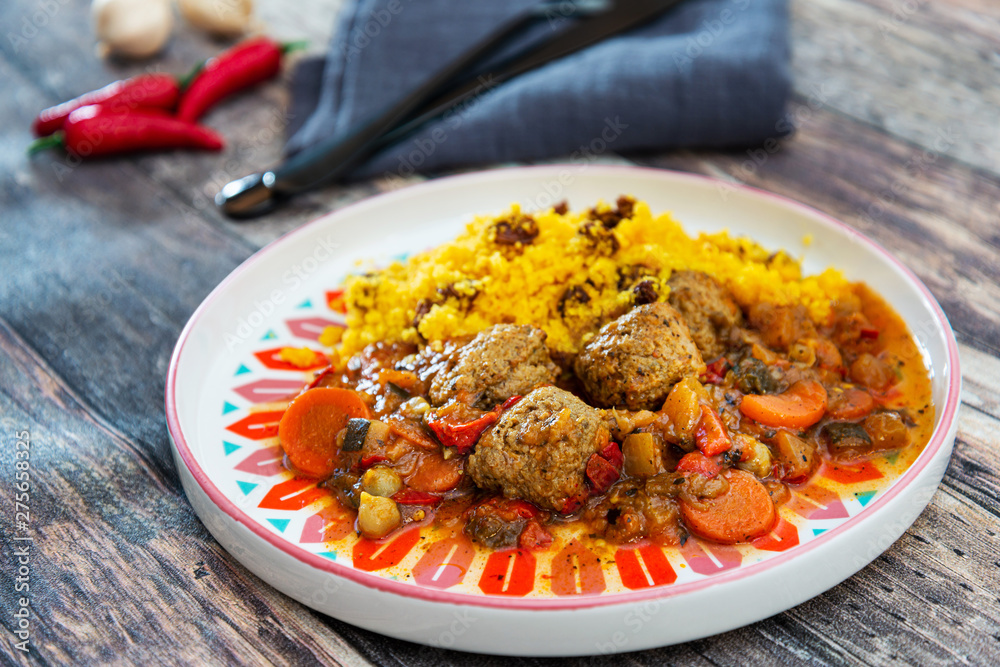 Moroccan beef kefta meatballs meatball and semolina Stock Photo | Adobe ...