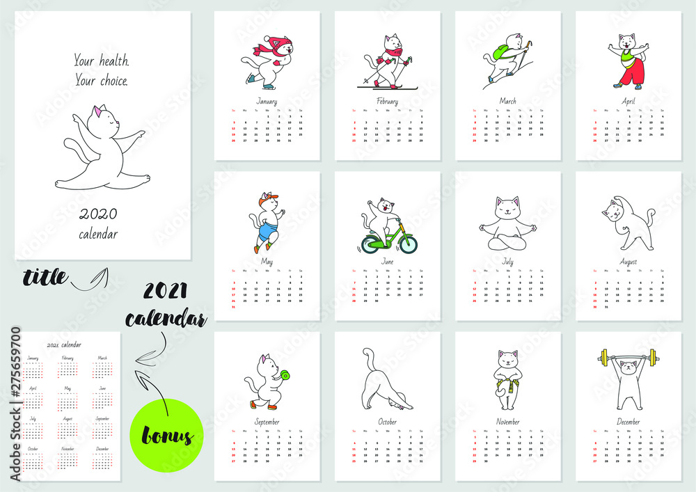 Your health - your choice! Monthly calendar 2020 template with a cute ...