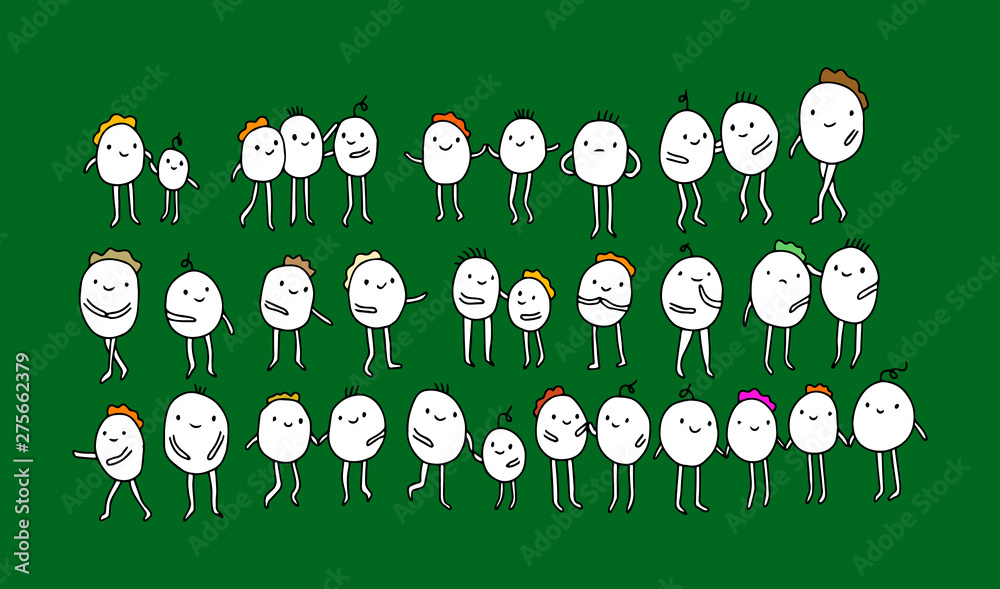 Cute cartoon man doing different things. Crowd of peolpe creating ...