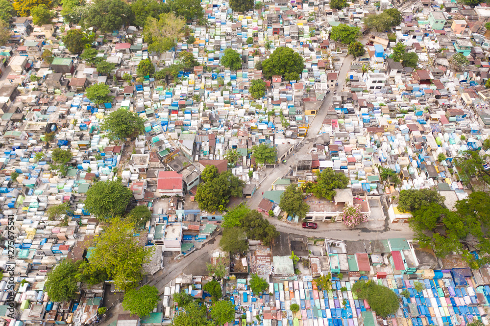 City cemetery in Manila, view from above. Many stone coffins and crypts ...