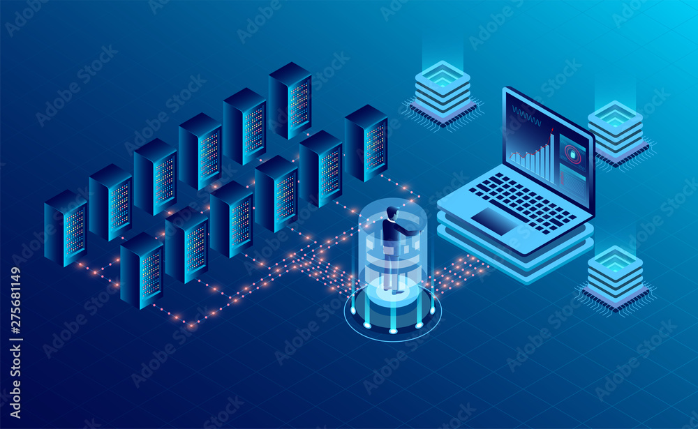 Datacenter server room cloud storage technology and big data processing Protecting data security ...