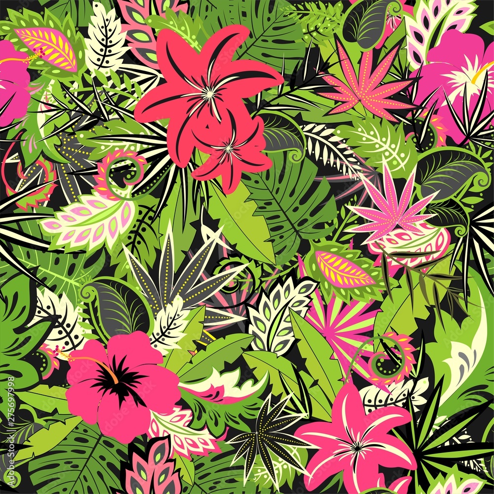 Tropical seamless neon wallpaper with exotic flowers and leaves and ...