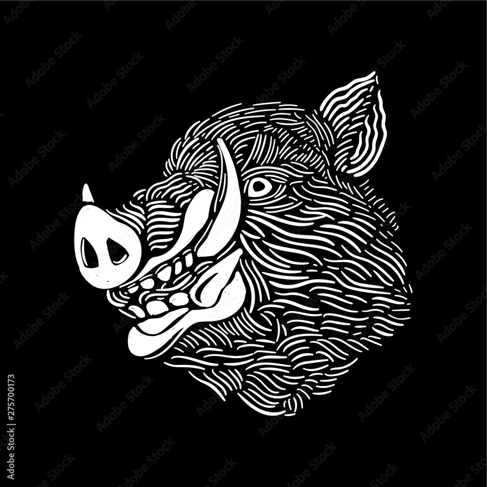 vector illustration logo character wild boar hog line art black white ...