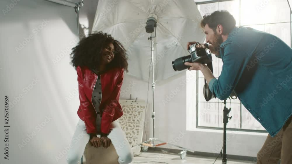 Backstage of the Photo Shoot: Beautiful Black Model with Lush Curly ...