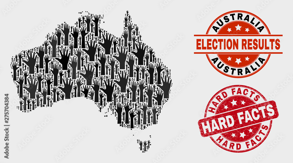 Election Australia map and seal stamps. Red round Hard Facts scratched ...
