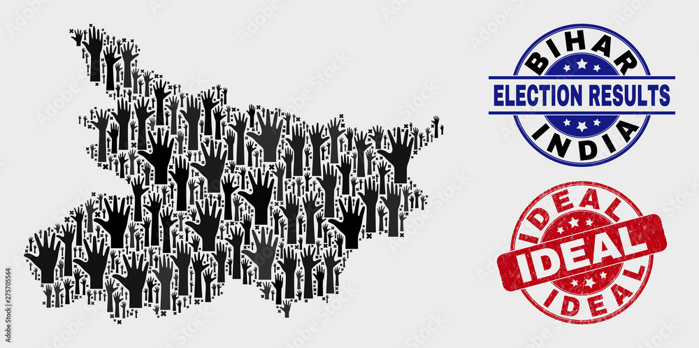 Election Bihar State map and stamps. Red round Ideal grunge stamp ...