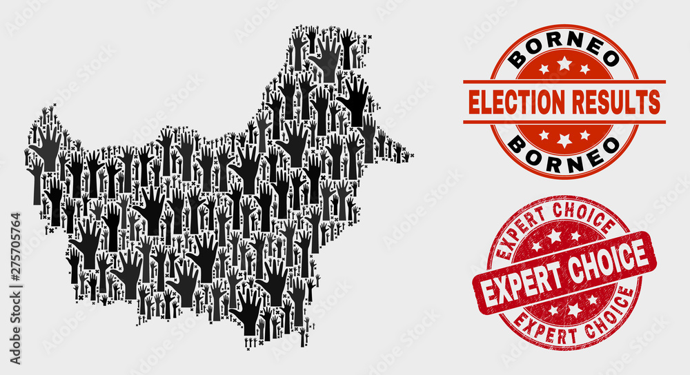 Election Borneo map and watermarks. Red round Expert Choice grunge seal ...